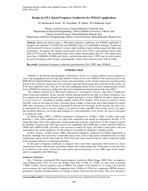 Design of a PLL based frequency synthesizer for WiMAX applications