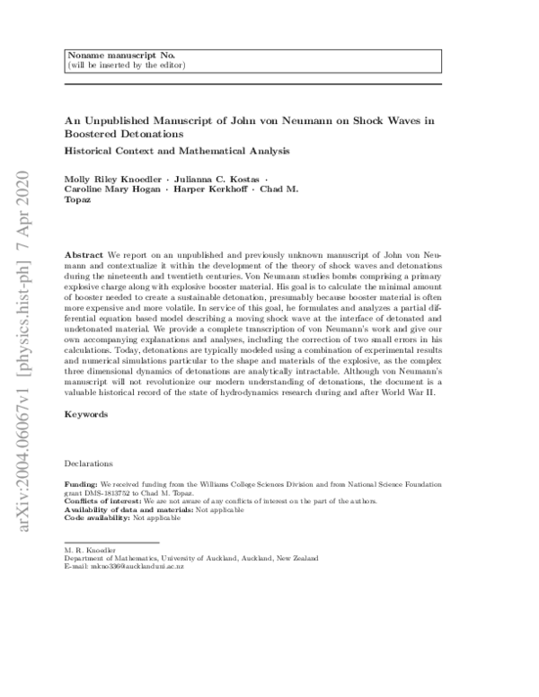 (PDF) An Unpublished Manuscript of John von Neumann on Shock Waves in ...