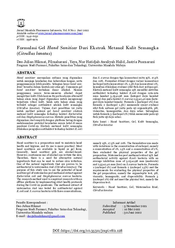(PDF) Formulasi Gel Hand Sanitizer Dari Ekstrak Metanol Kulit Semangka ...