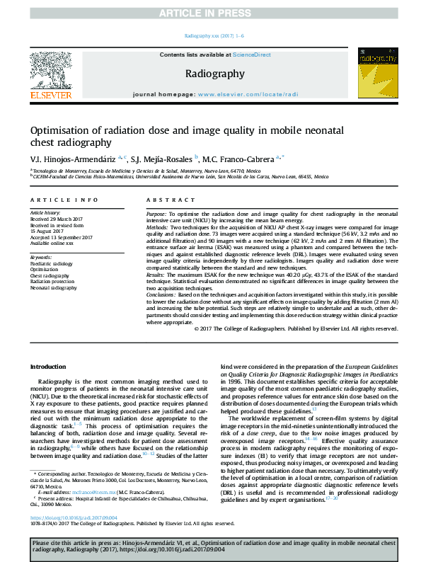 (PDF) Optimisation of radiation dose and image quality in mobile neonatal chest radiography