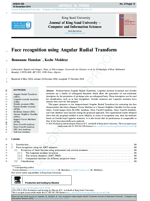 Pdf Face Recognition Using Angular Radial Transform Mokhtar Keche