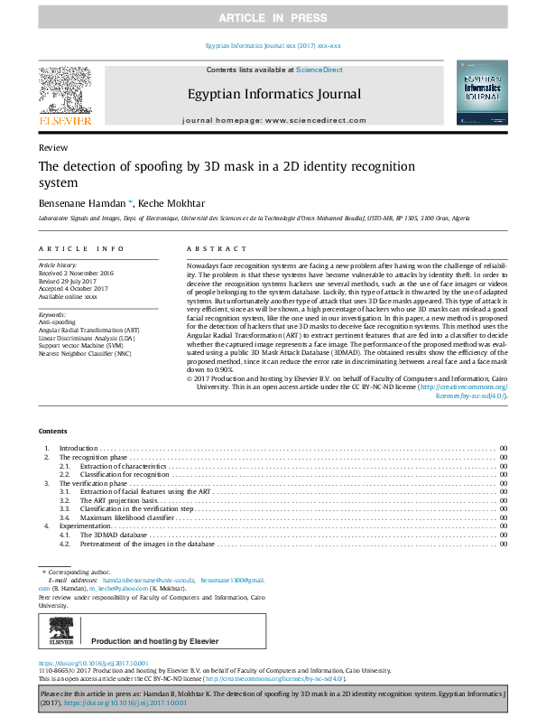 Pdf The Detection Of Spoofing By 3d Mask In A 2d Identity Recognition