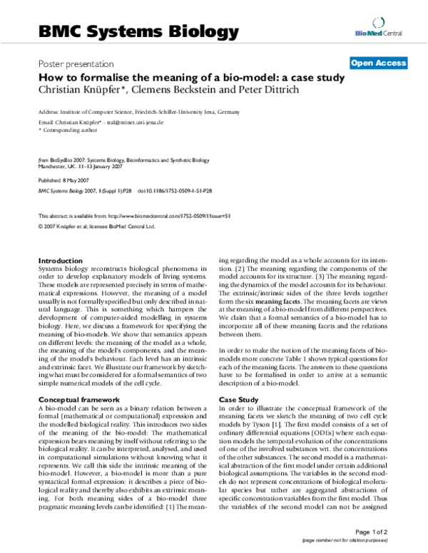(PDF) How to formalise the meaning of a bio-model: a case study