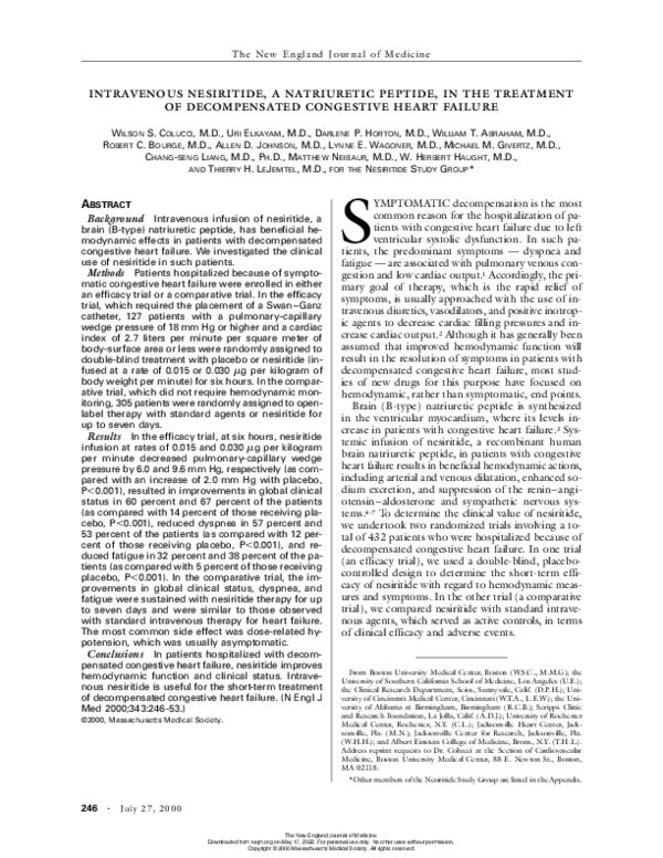(PDF) Intravenous Nesiritide, a Natriuretic Peptide, in the Treatment ...