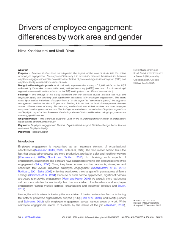 (PDF) Drivers of employee engagement: differences by work area and gender