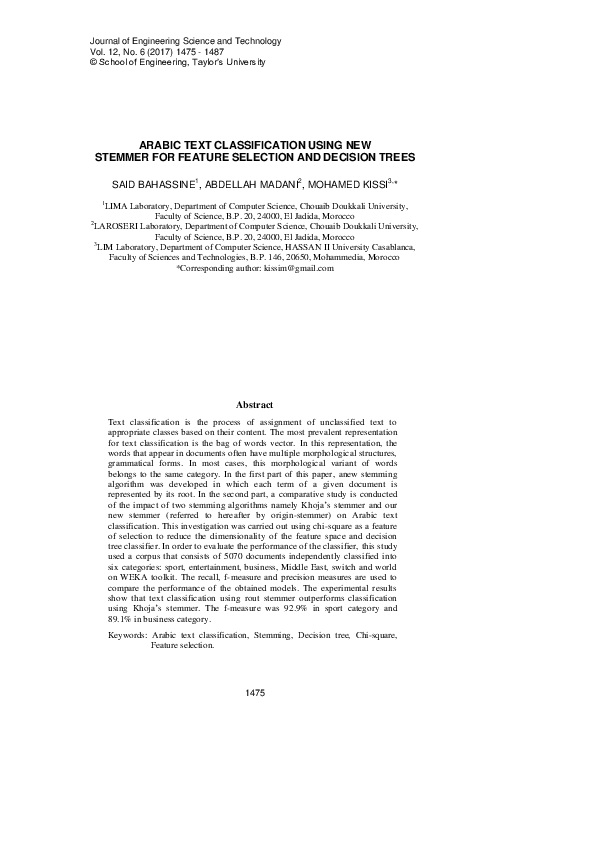 Pdf Arabic Text Classification Using New Stemmer For Feature