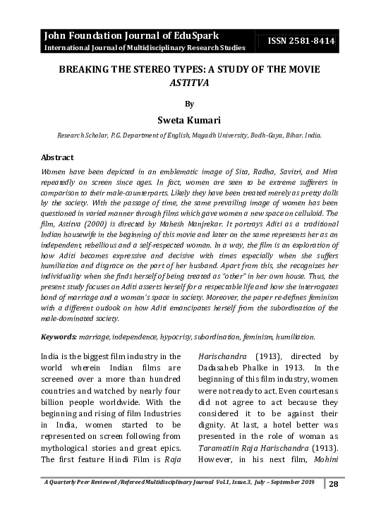 (PDF) BREAKING THE STEREO TYPES: A STUDY OF THE MOVIE ASTITVA