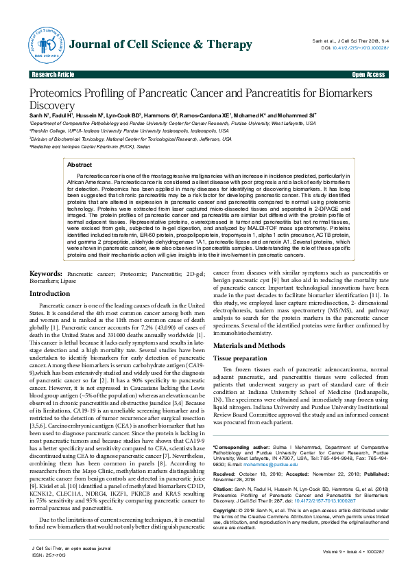 (PDF) Proteomics Profiling of Pancreatic Cancer and Pancreatitis for Biomarkers Discovery
