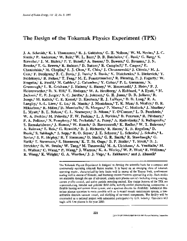 (PDF) The design of the Tokamak Physics Experiment (TPX)