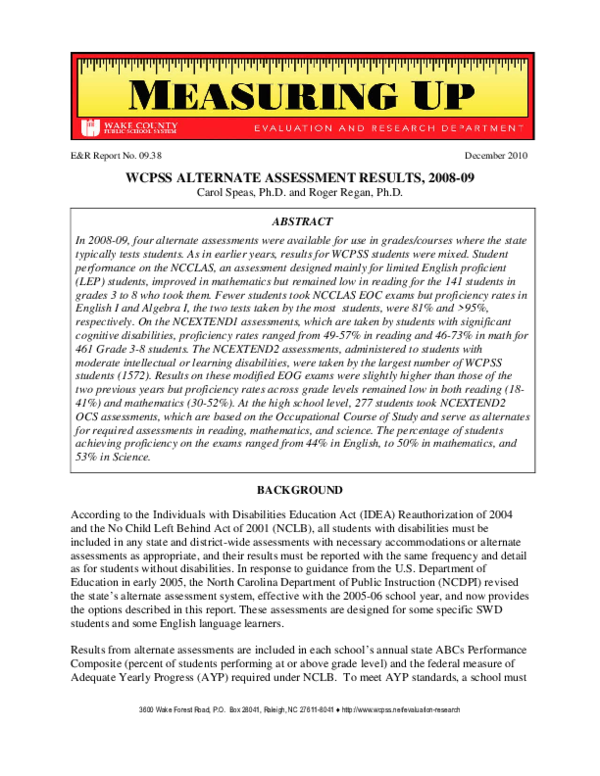 (PDF) WCPSS Alternate Assessment Results, 2008-09. Measuring Up. E&R ...