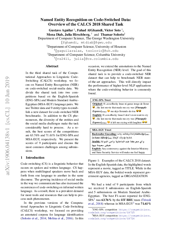 Pdf Named Entity Recognition On Code Switched Data Overview Of The Calcs 2018 Shared Task