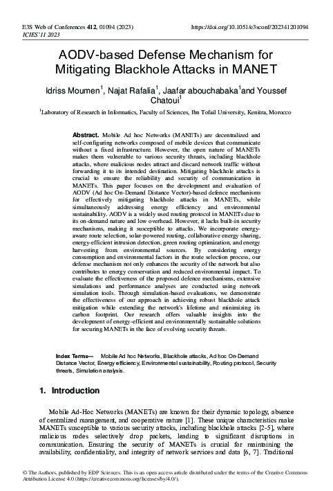 (PDF) AODV-based Defense Mechanism for Mitigating Blackhole Attacks in MANET