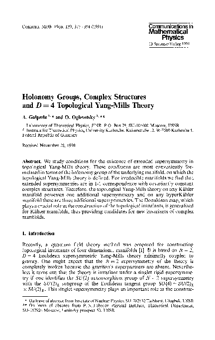 (PDF) Holonomy groups, complex structures andD=4 topological Yang-Mills theory