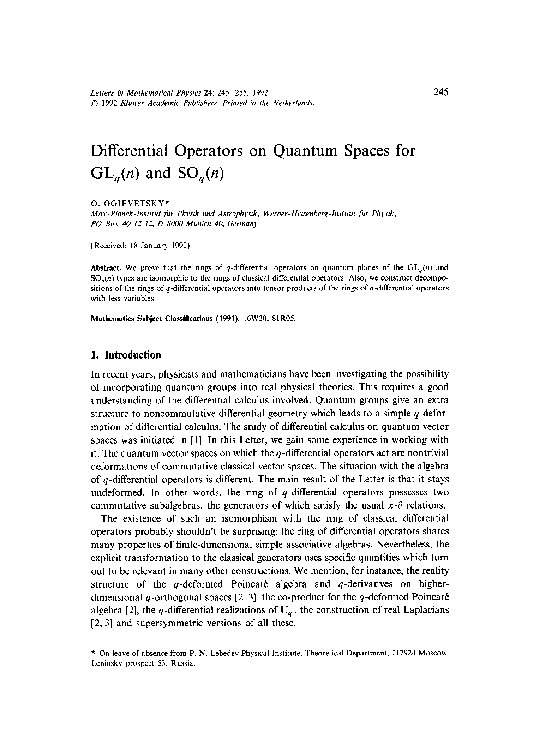 (PDF) Differential operators on quantum spaces for GL q (n) and SO q (n)