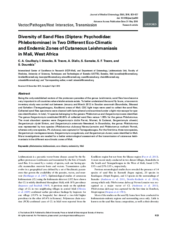 (PDF) Diversity of Sand Flies (Diptera: Psychodidae: Phlebotominae) in ...