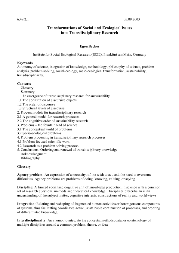 (PDF) Transformations of Social and Ecological Issues into Transdisciplinary Research