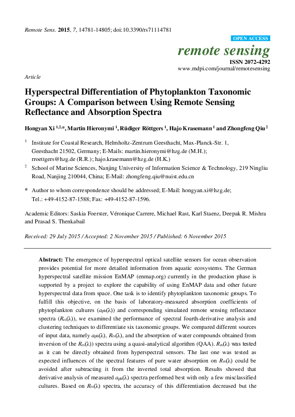 (PDF) Hyperspectral Analysis of Phytoplankton Groups Using Remote Sensing