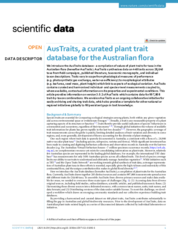 (PDF) AusTraits, a curated plant trait database for the Australian flora