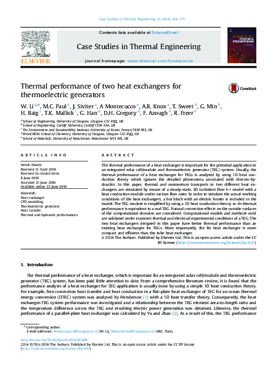 (PDF) Thermal performance of two heat exchangers for thermoelectric ...