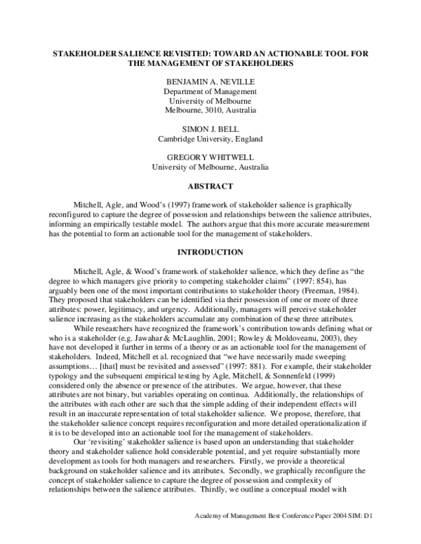(PDF) Stakeholder Salience Revisited: Toward an Actionable Tool for the ...