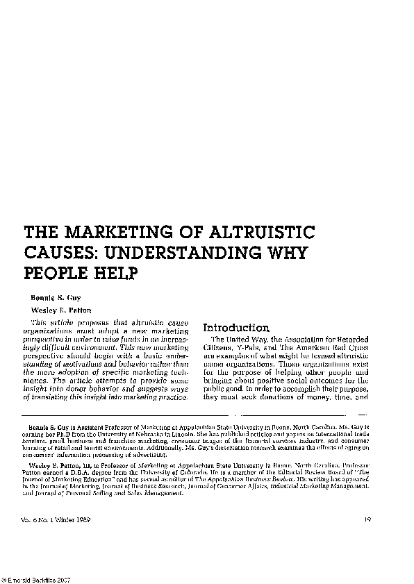 (PDF) The Marketing of Altruistic Causes: Understanding Why People Help