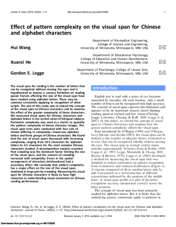 (PDF) Effect of pattern complexity on the visual span for Chinese and alphabet characters