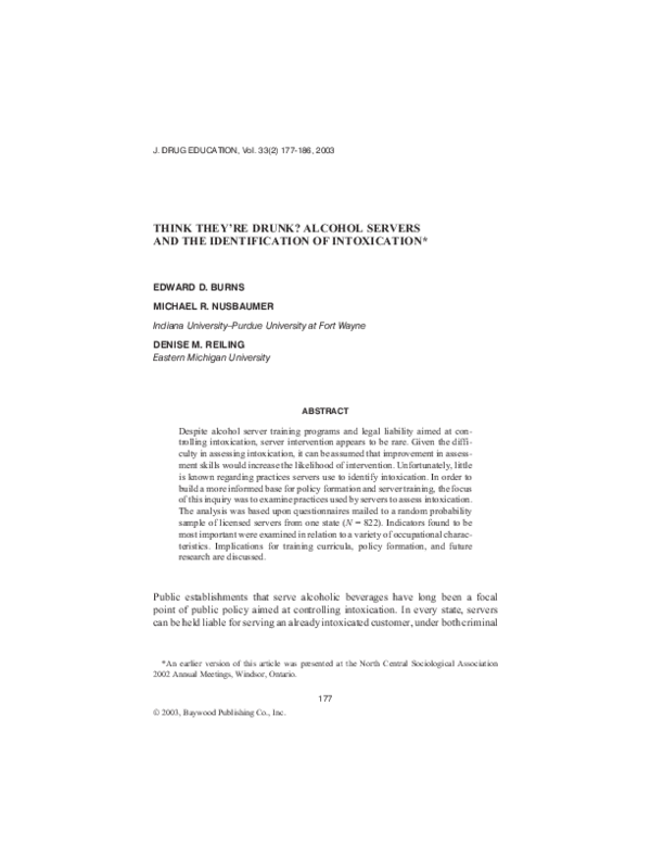 (PDF) Think They'Re Drunk? Alcohol Servers and the Identification of ...