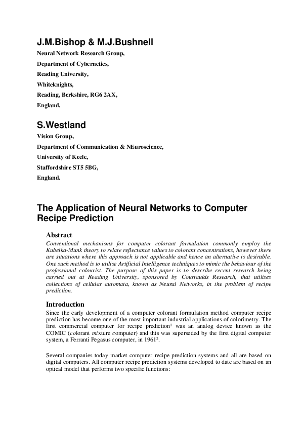 (PDF) Application of neural networks to computer recipe prediction