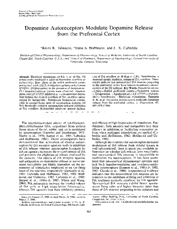 (PDF) Dopamine Autoreceptors Modulate Dopamine Release from the Prefrontal Cortex