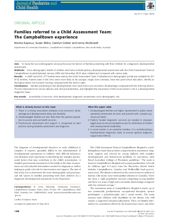 (PDF) Families referred to a Child Assessment Team: The Campbelltown ...