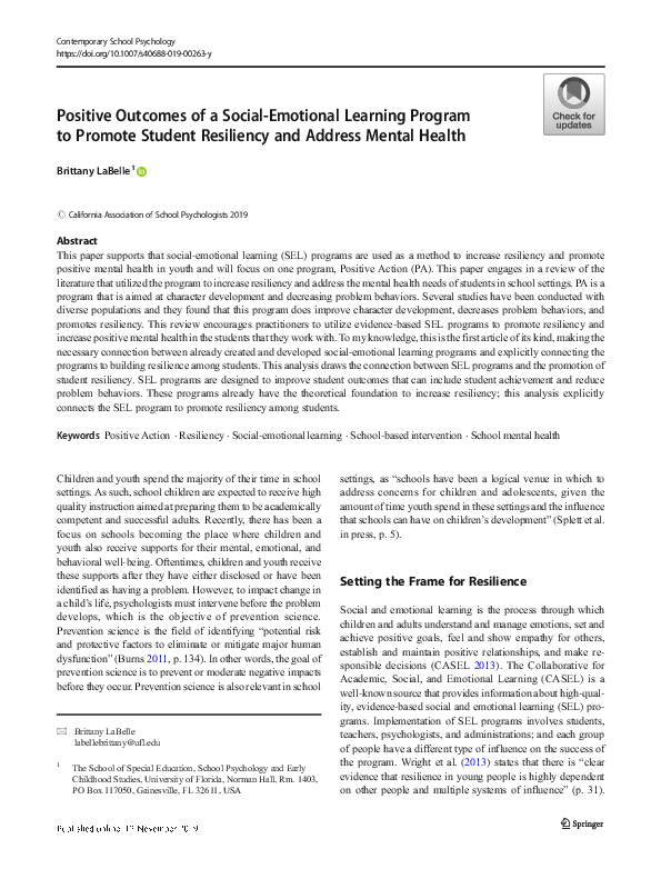 (PDF) Positive Outcomes of a Social-Emotional Learning Program to ...