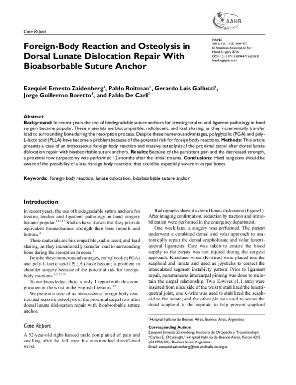 (PDF) Foreign-Body Reaction and Osteolysis in Dorsal Lunate Dislocation ...