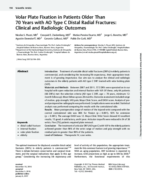 (PDF) Volar Plate Fixation in Patients Older Than 70 Years with AO Type C Distal Radial ...