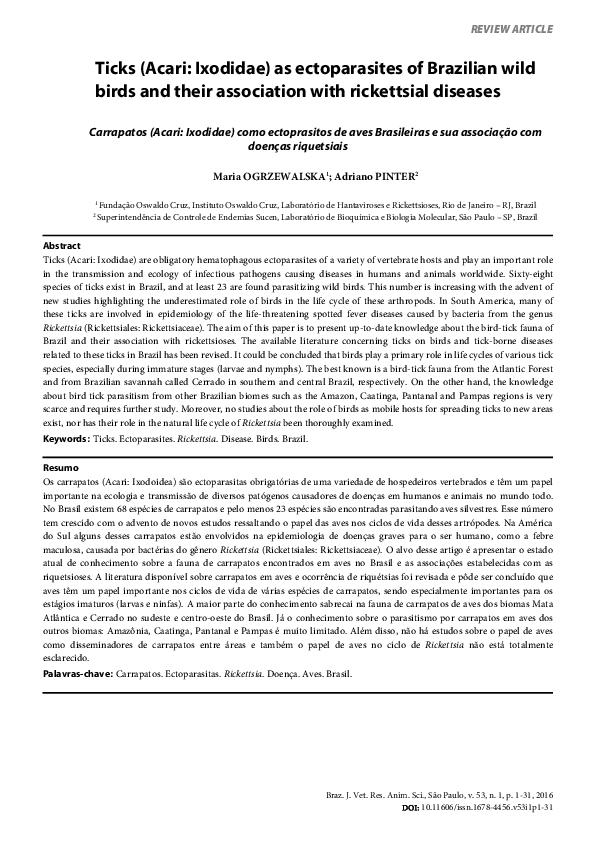 (PDF) Ticks (Acari: Ixodidae) as ectoparasites of Brazilian wild birds ...