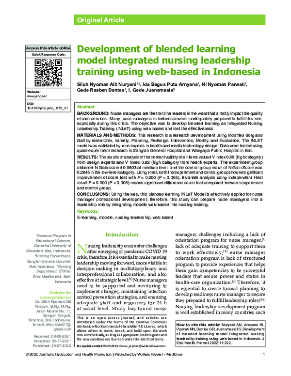 (PDF) Development of blended learning model integrated nursing leadership training using web ...