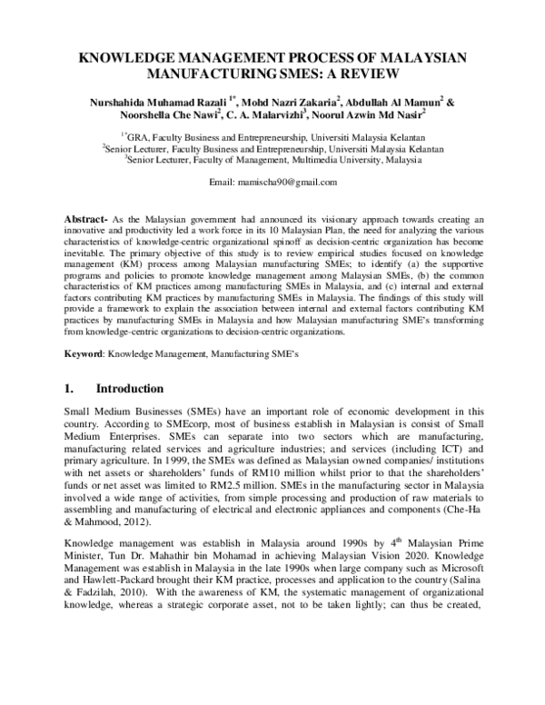 (PDF) Knowledge management process of Malaysian manufacturing SMES : a ...