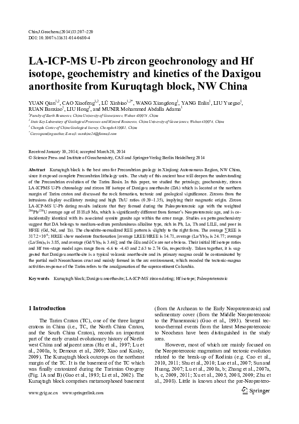 (PDF) LA-ICP-MS U-Pb zircon geochronology and Hf isotope, geochemistry and kinetics of the ...