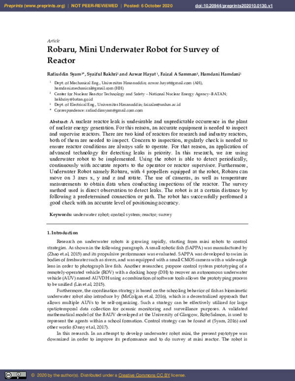 (PDF) Robaru, Mini Underwater Robot for Survey of Reactor