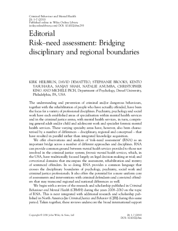 (PDF) Risk-need assessment: Bridging disciplinary and regional boundaries