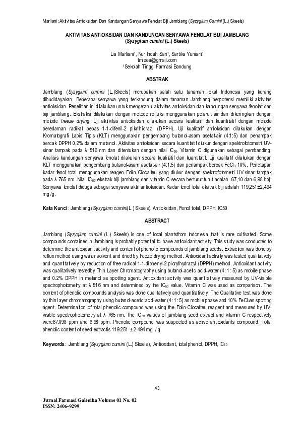 (PDF) AKTIVITAS ANTIOKSIDAN DAN KANDUNGAN SENYAWA FENOLAT BIJI JAMBLANG ...