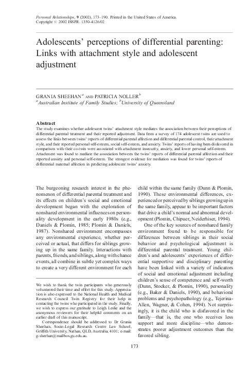 (PDF) Adolescent's perceptions of differential parenting: Links with ...
