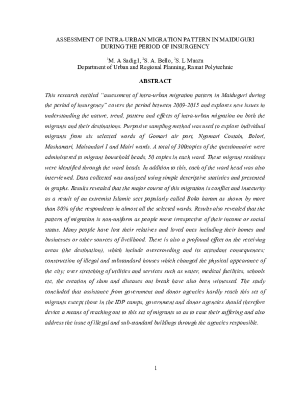 Doc Assessment Of Intra Urban Migration Pattern In Maiduguri During The Period Of Insurgency