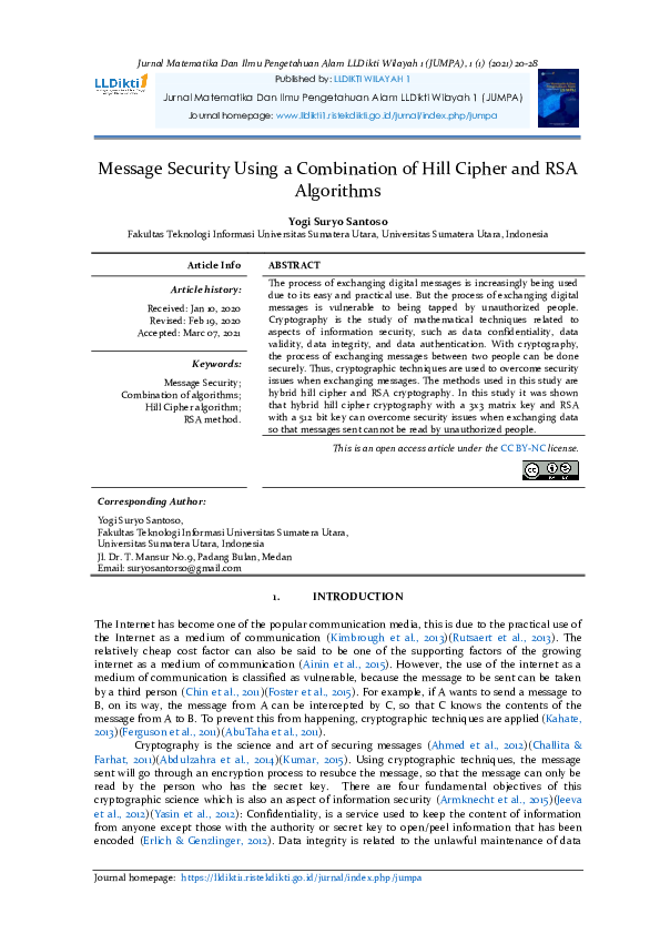 Pdf Message Security Using A Combination Of Hill Cipher And Rsa Algorithms 5764