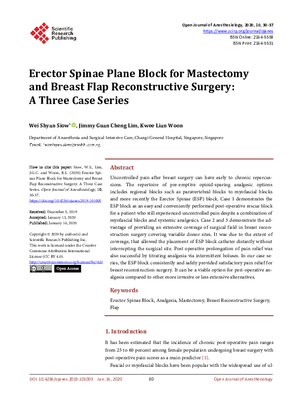 (PDF) Erector Spinae Plane Block for Mastectomy and Breast Flap ...