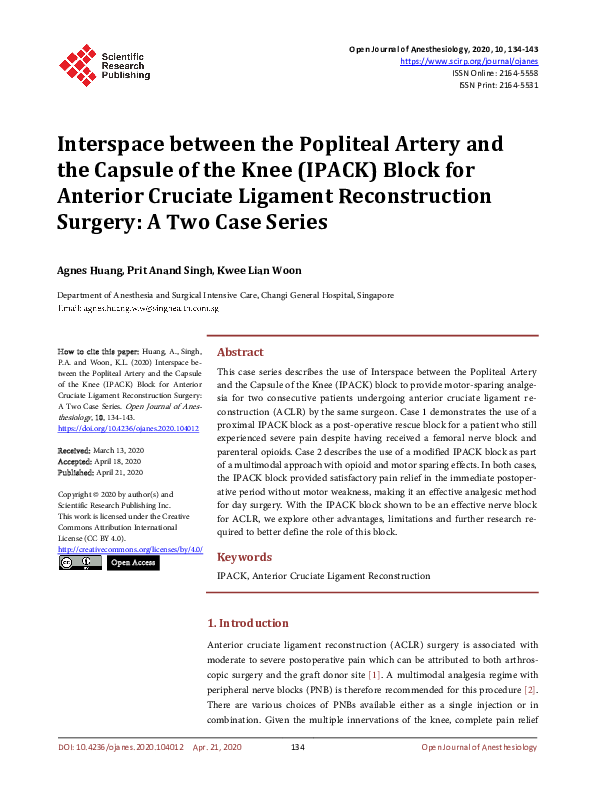 Pdf Interspace Between The Popliteal Artery And The Capsule Of The Knee Ipack Block For