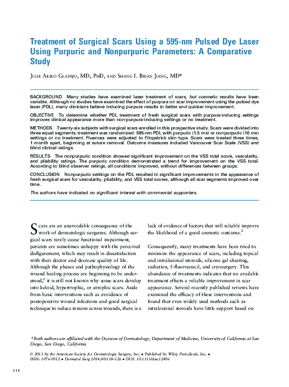 (PDF) Treatment of Surgical Scars Using a 595-nm Pulsed Dye Laser Using ...