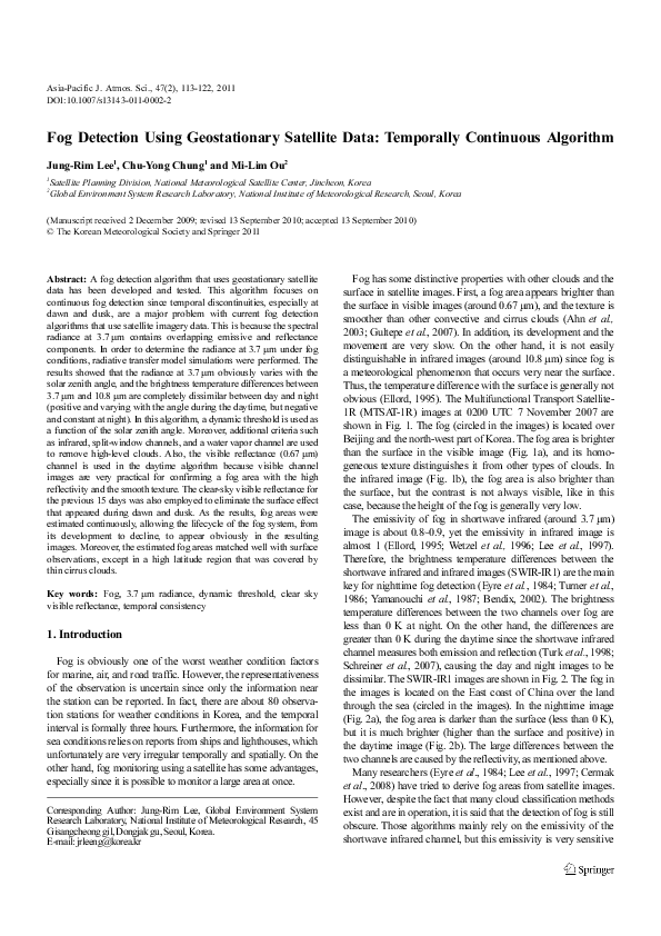 Pdf Fog Detection Using Geostationary Satellite Data Temporally Continuous Algorithm