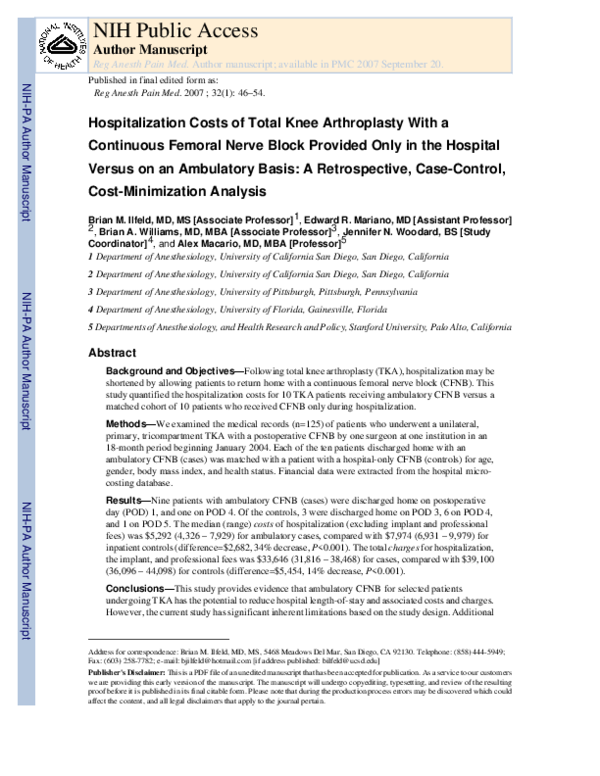 Pdf Hospitalization Costs Of Total Knee Arthroplasty With A