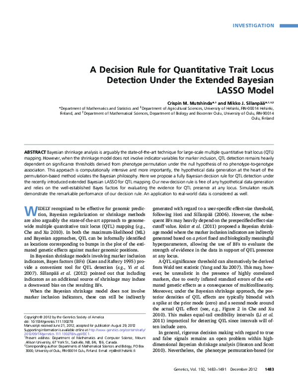 (PDF) A Decision Rule for Quantitative Trait Locus Detection Under the Extended Bayesian LASSO Model
