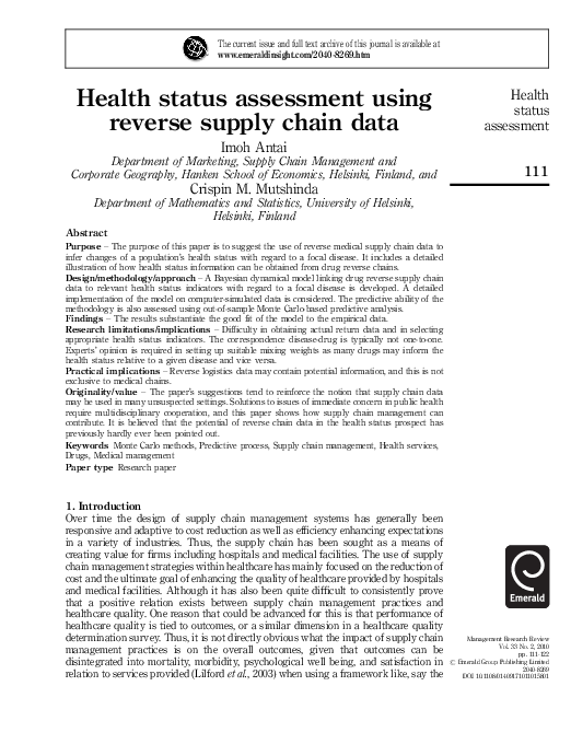 (PDF) Health status assessment using reverse supply chain data